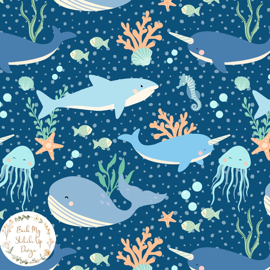 Boys Whale Seamless Pattern, Bright Sea Life Ocean Design, Narwhal ...
