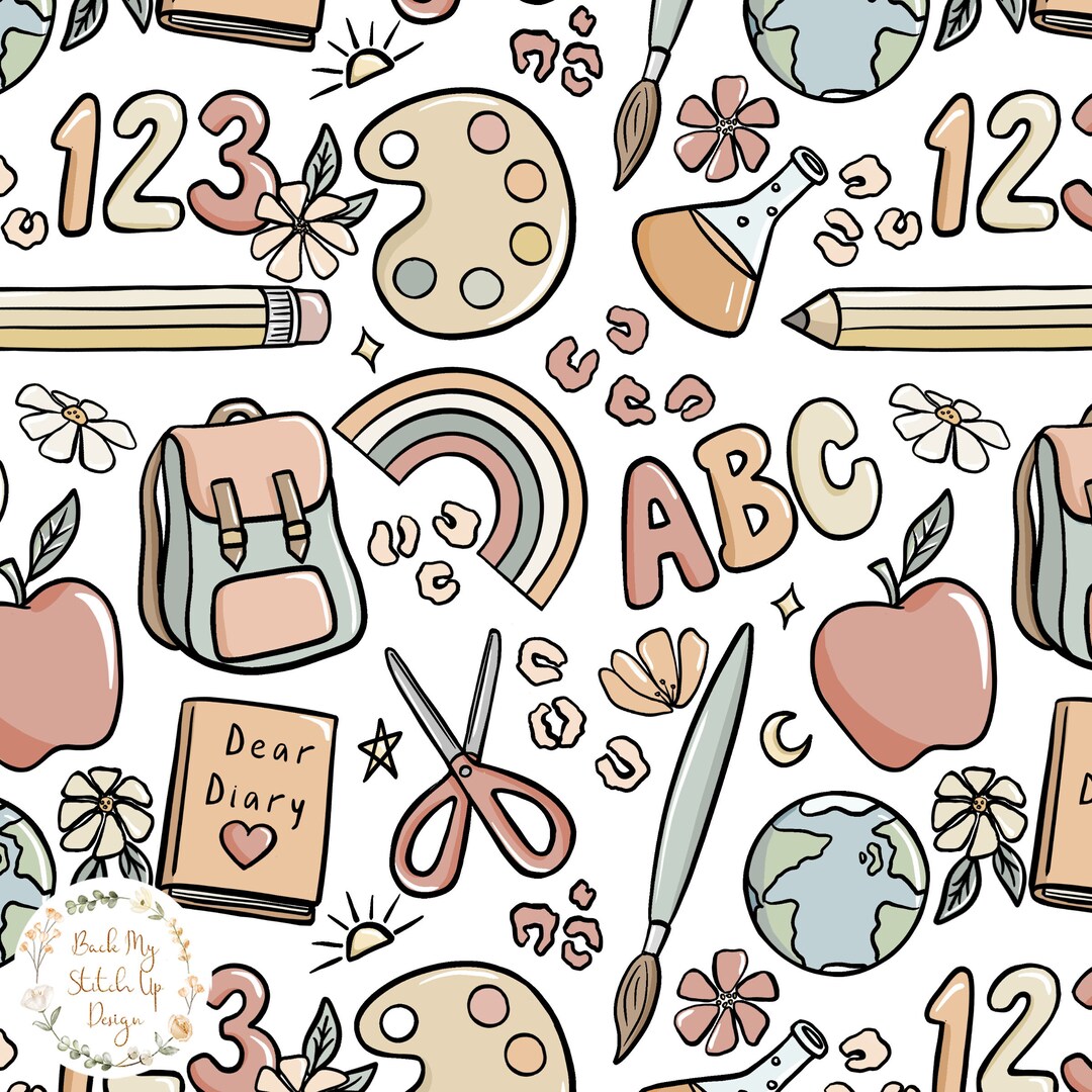 Back to School Seamless Pattern, Girly Back to School Fabric Design ...