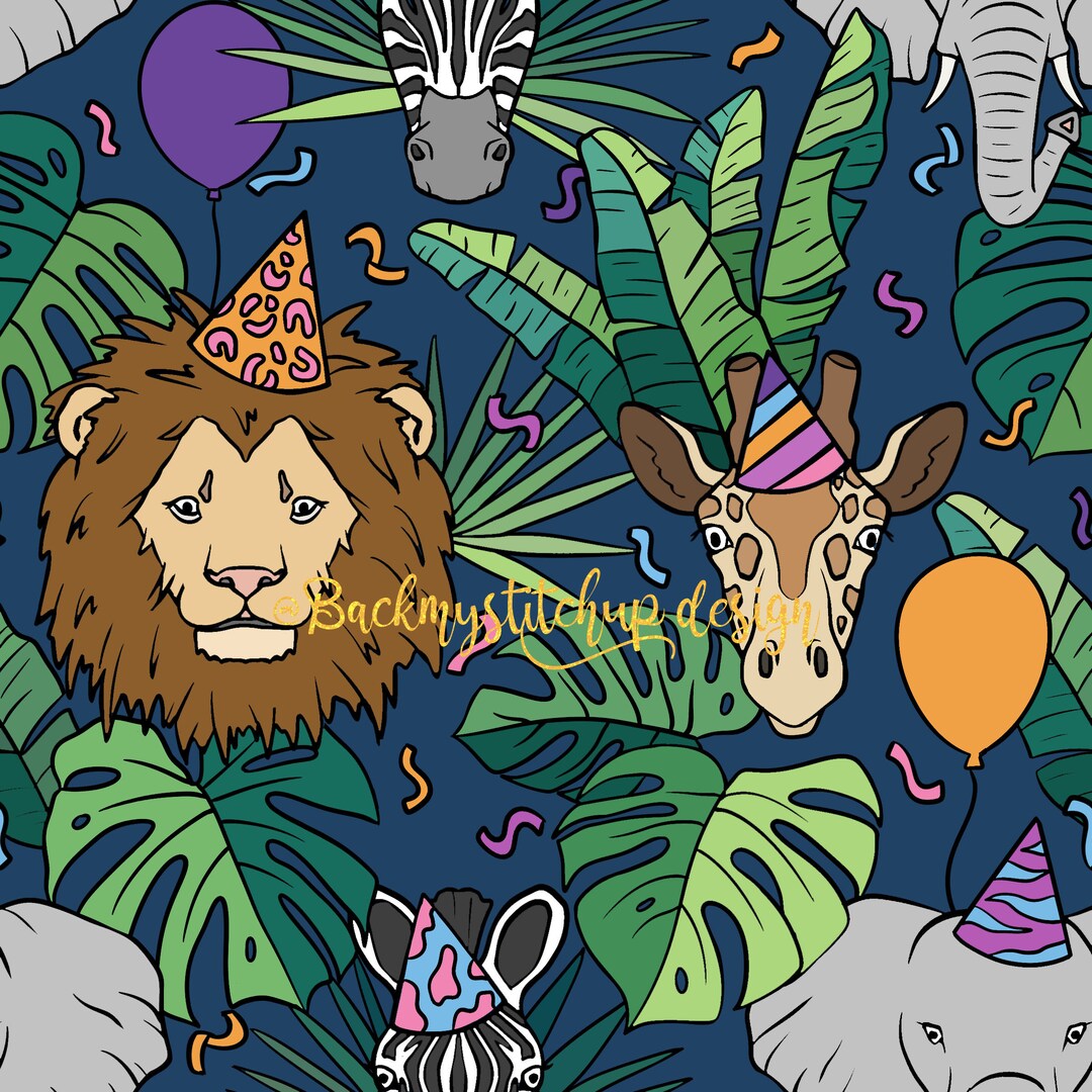 Jungle Animal Birthday Seamless Pattern, Party Animal Surface Pattern ...