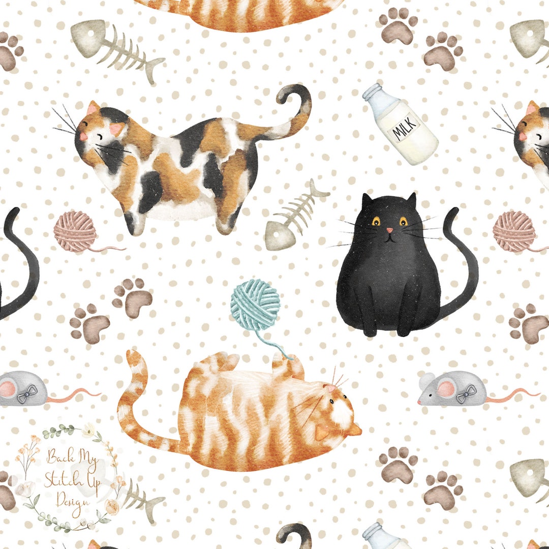 Cute Cat Seamless Pattern, Watercolour Cat Fabric Design, Kitten ...