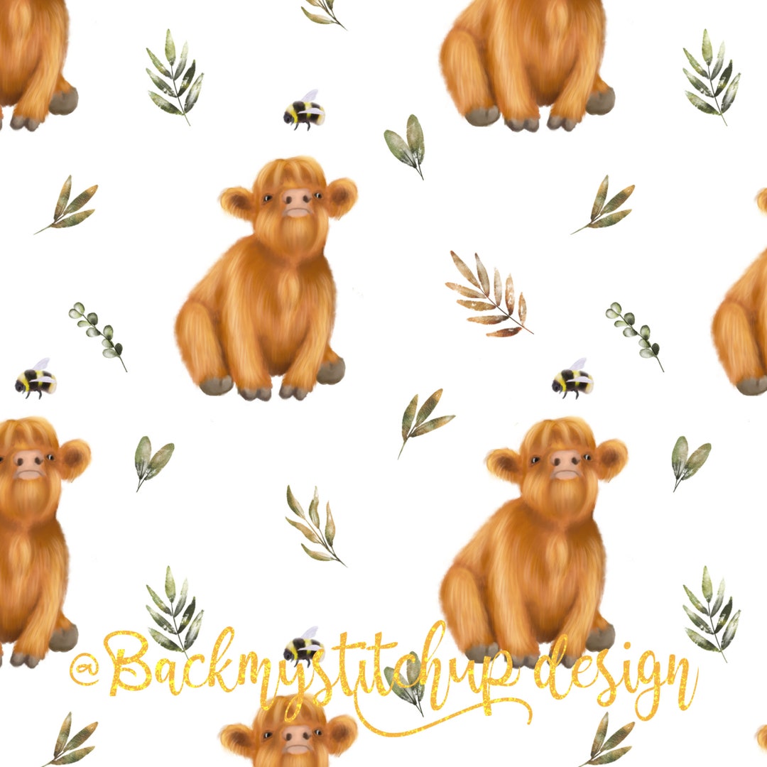 Highland Cow / Calf & Bee Fabric Design WHITE, Seamless Pattern Tile ...