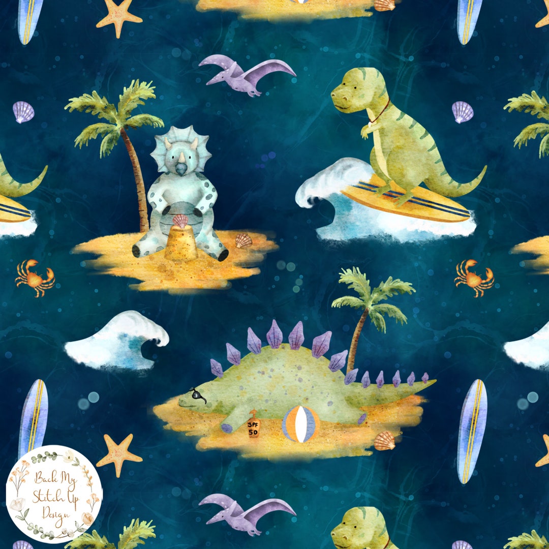 T-rex on the Beach Seamless Pattern, Dinosaur Children's Fabric Design ...
