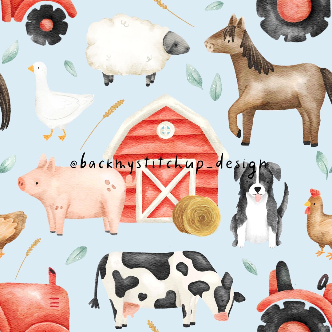 Red Barn and Red Tractor Seamless Pattern, Farm Animals Digital Surface ...