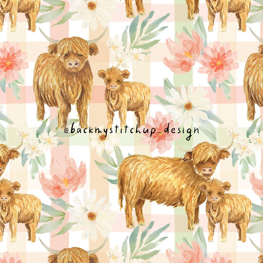 Floral Highland Cow Digital Seamless Pattern, Highland Cow Digital File ...