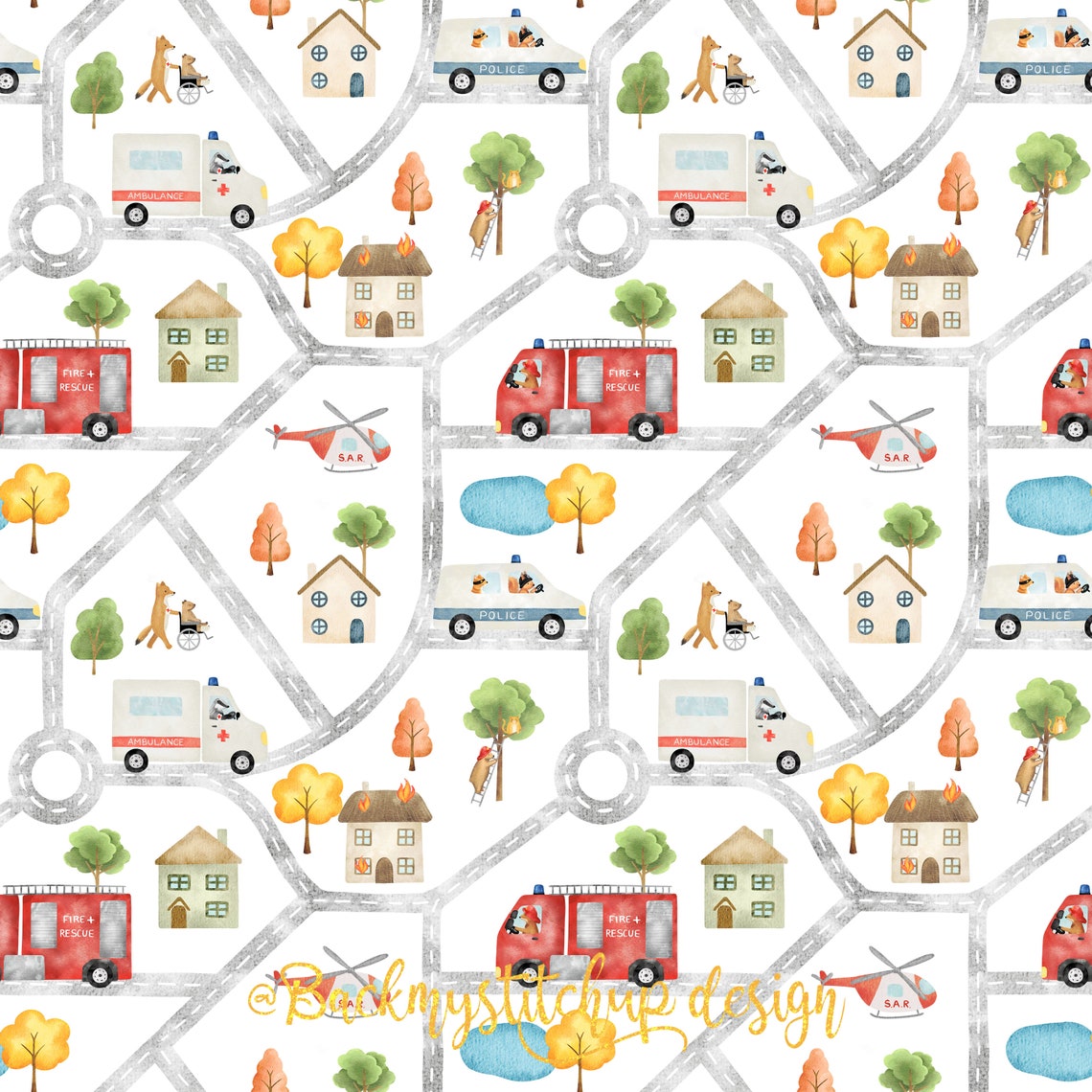 Emergency Services Fabric Design, Ambulance Fire Engine Police Seamless ...