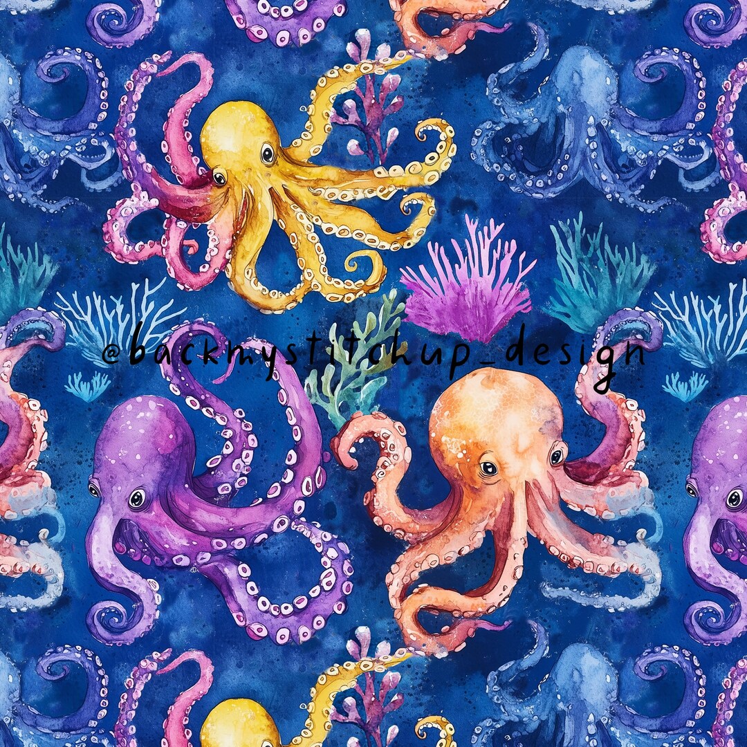 Watercolour Octopus Seamless Pattern, Rainbow Octopi Surface Design on ...
