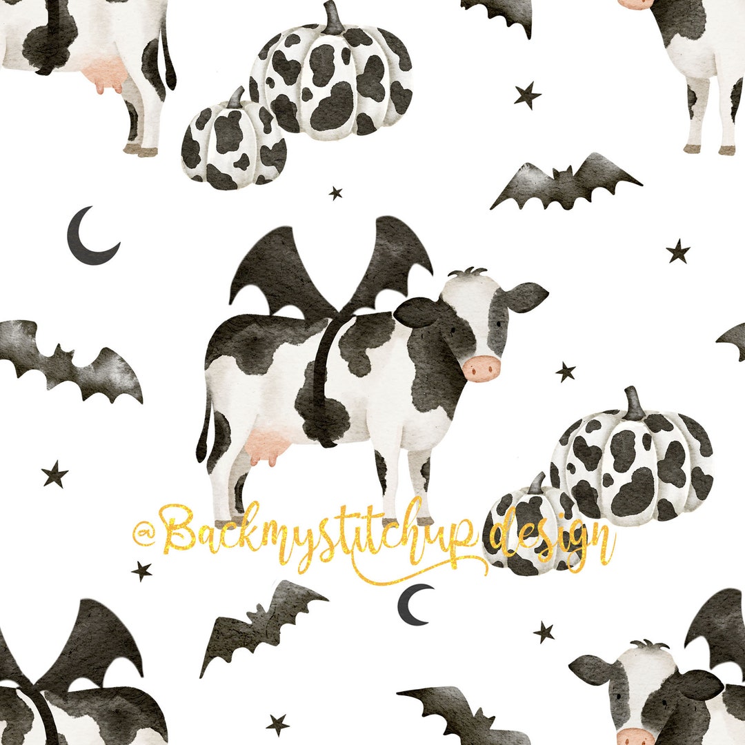Halloween Cow Bats and Pumpkins Seamless Pattern, Spooky Farm Animal ...