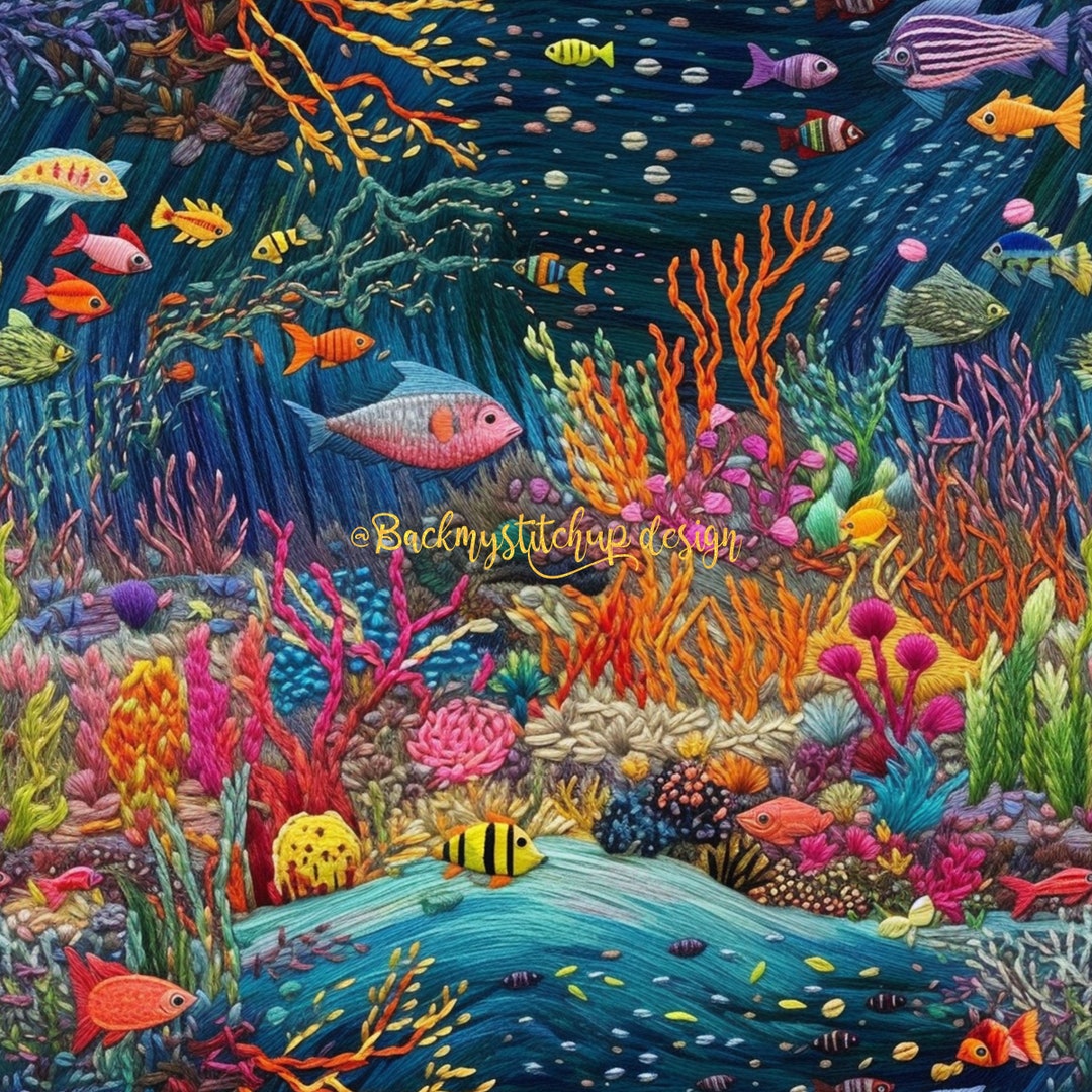 Embroidery Effect Underwater Scene Seamless Pattern, Fish and Saline ...