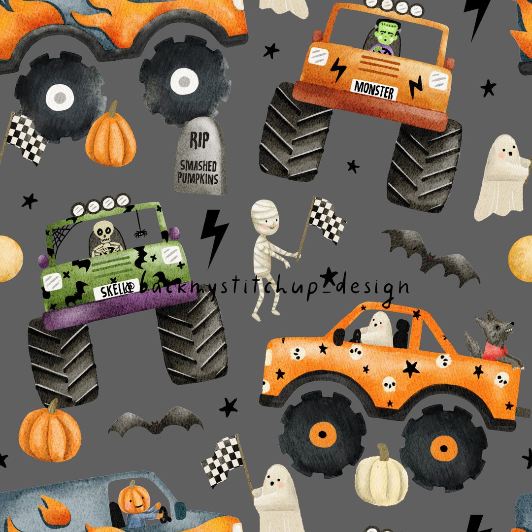 Halloween Monster Trucks Seamless Pattern on a Dark Grey Background ...