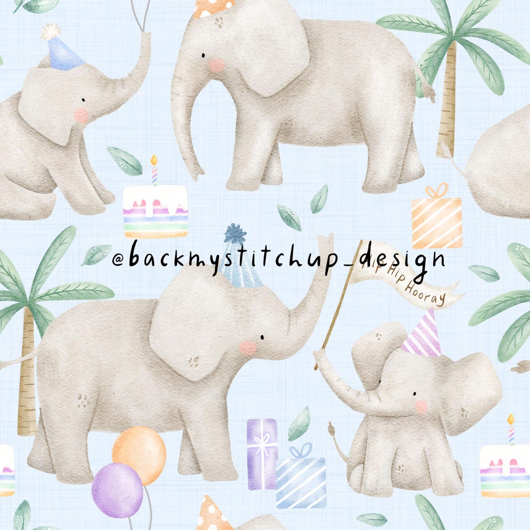 Elephant Birthday Party Seamless Pattern Blue Background | Cute Baby ...