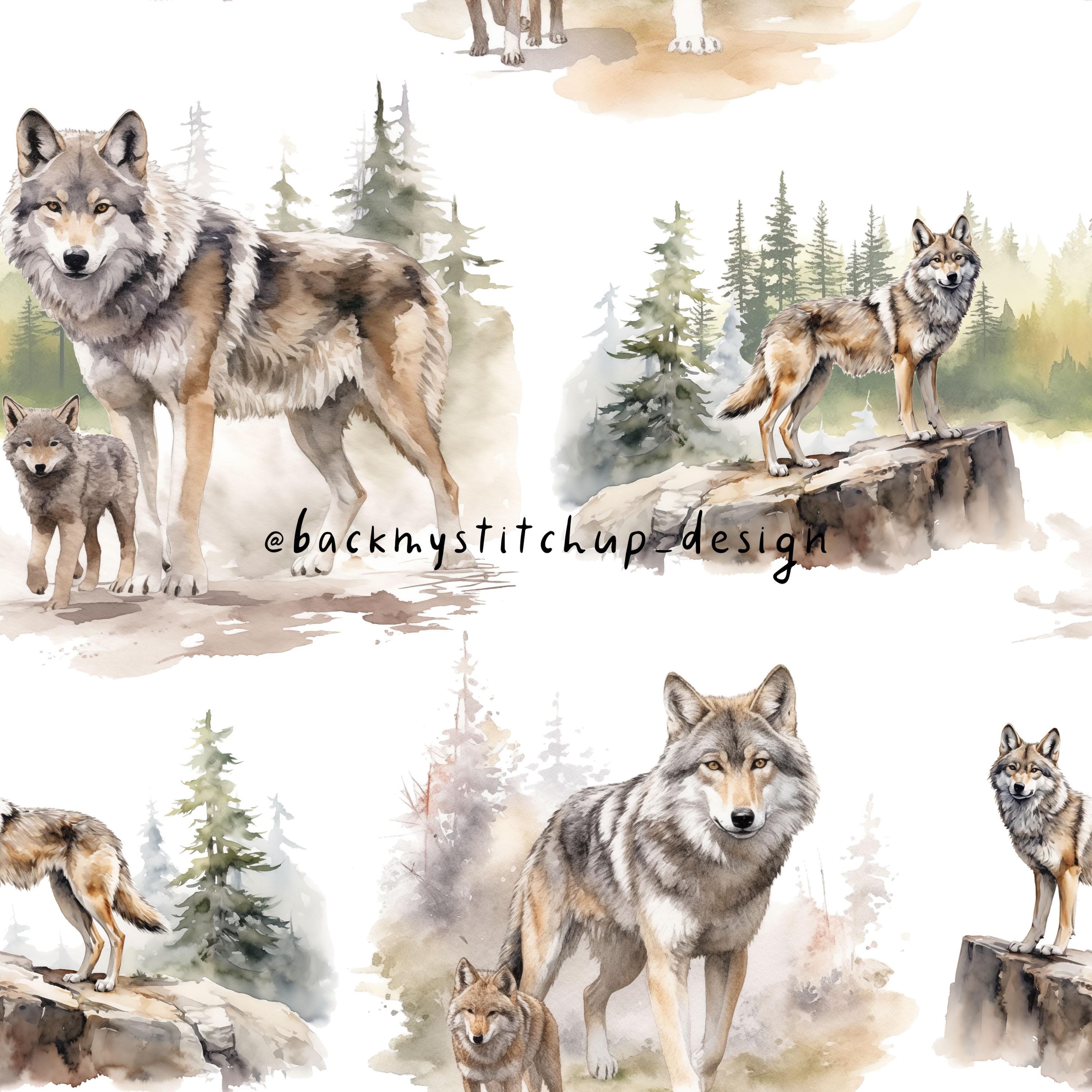 Watercolor Grey Wolves Seamless Pattern, Wolf and Cub Repeat Digital ...