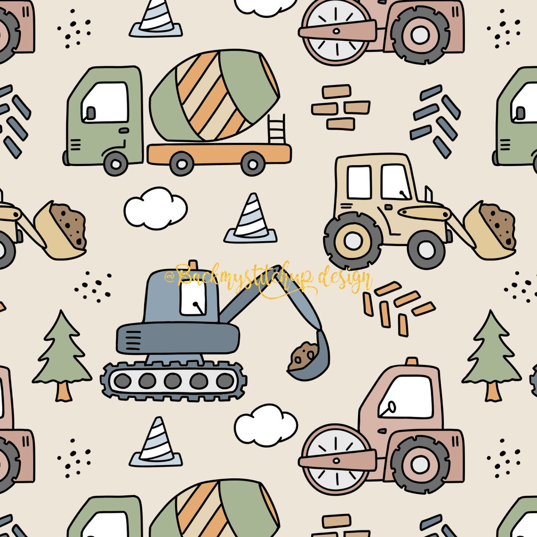 Construction Seamless Pattern, Digger Tractor Builder Fabric Design, Unisex Building Digital ...