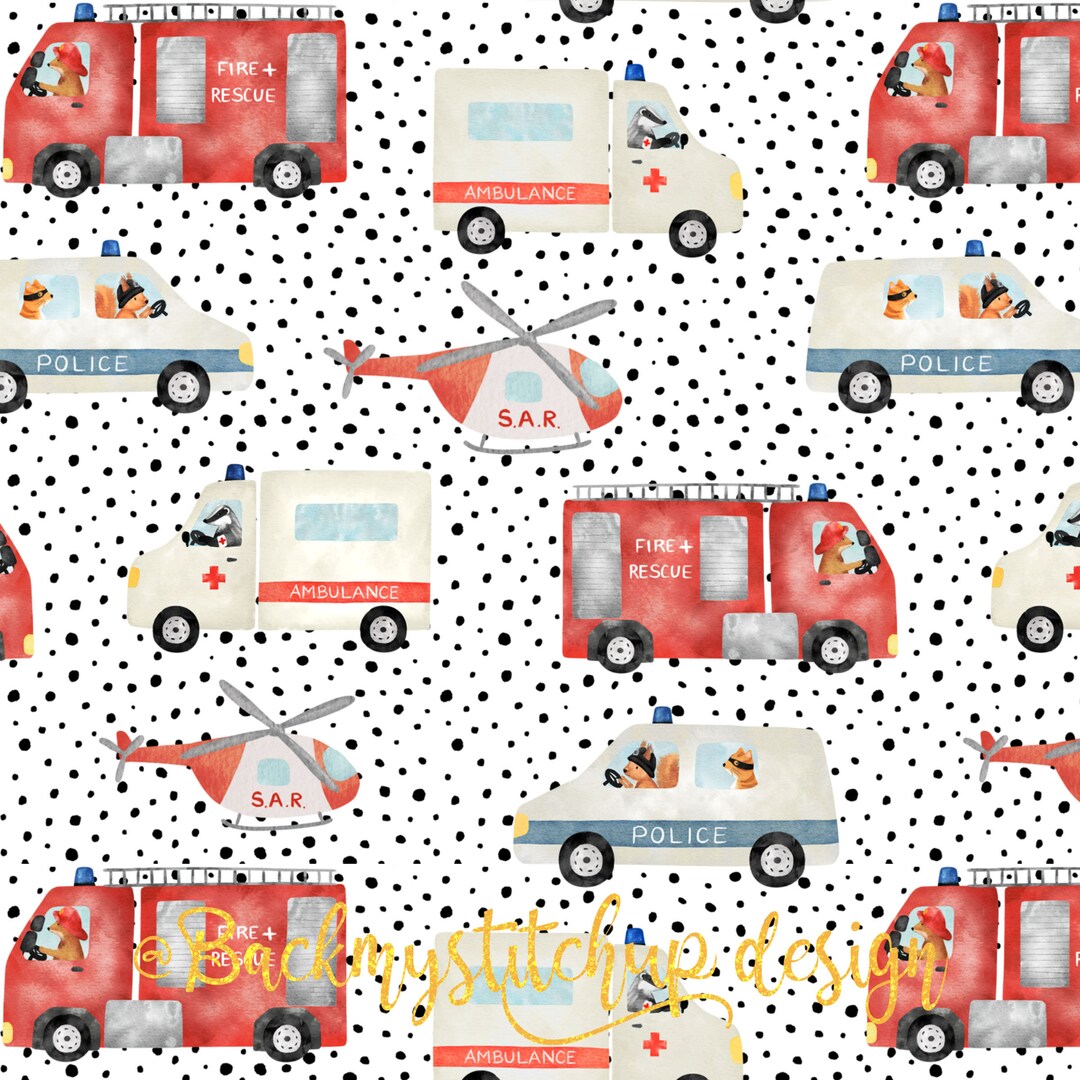 Emergency Vehicles Fabric Design, Fire Truck, Ambulance Police Seamless ...