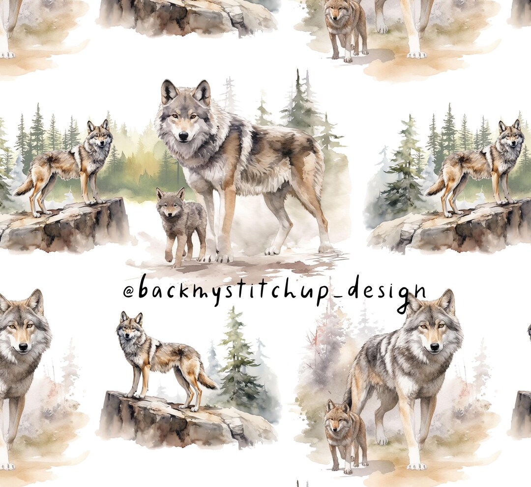 Watercolor Grey Wolves Seamless Pattern, Wolf and Cub Repeat Digital ...