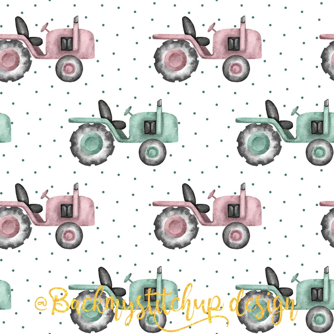 Pink Mint Tractor Fabric Design Seamless Surface Pattern - Etsy UK