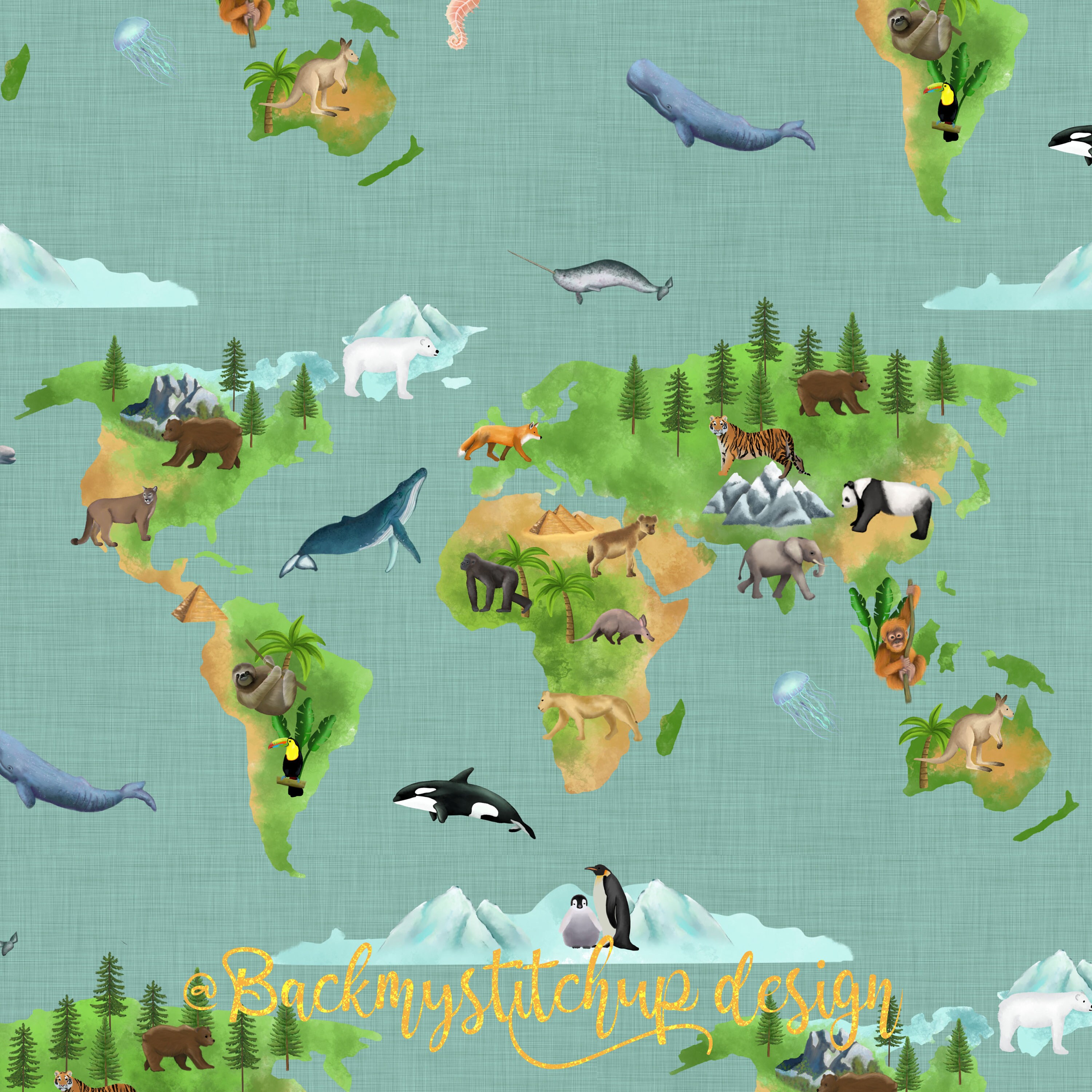 Animal Atlas World Map Fabric design Seamless Pattern Tile | Etsy
