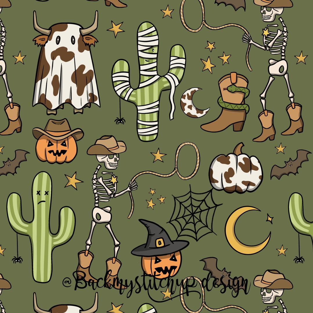 Western Halloween Seamless Pattern, Cowboy Skeleton Digital Crafting ...