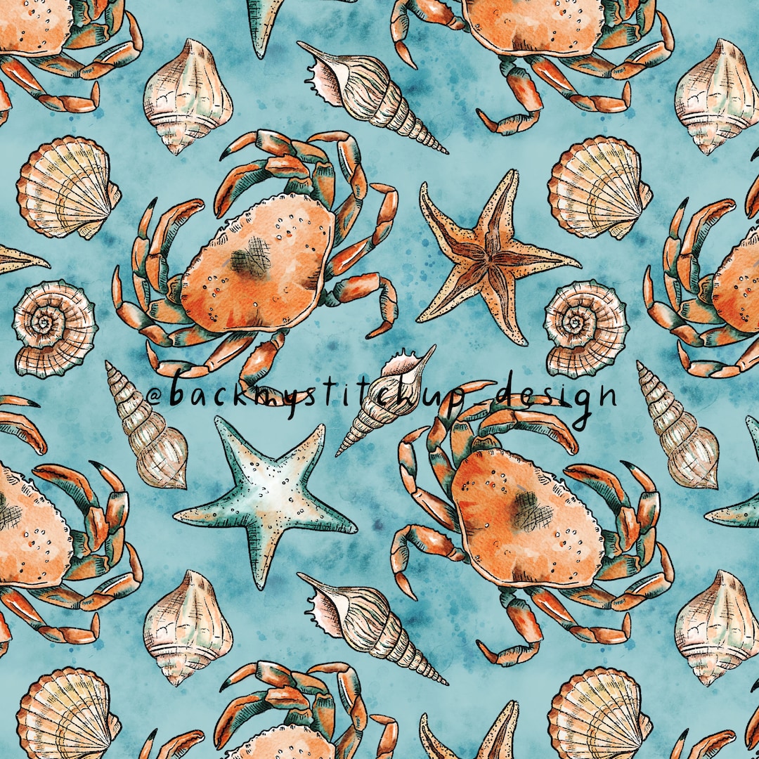 Crab & Sea Shell Seamless Pattern, Watercolour Sea Life Crustacean ...