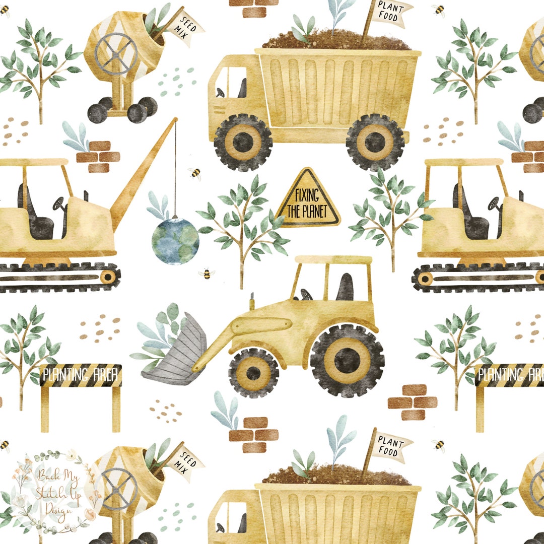 Construction Seamless Pattern, Digger Tractor Builder Fabric Design, Unisex Building Digital ...