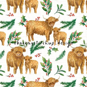 Highland Cow and Winter Foliage Seamless Pattern, Watercolour Christmas ...