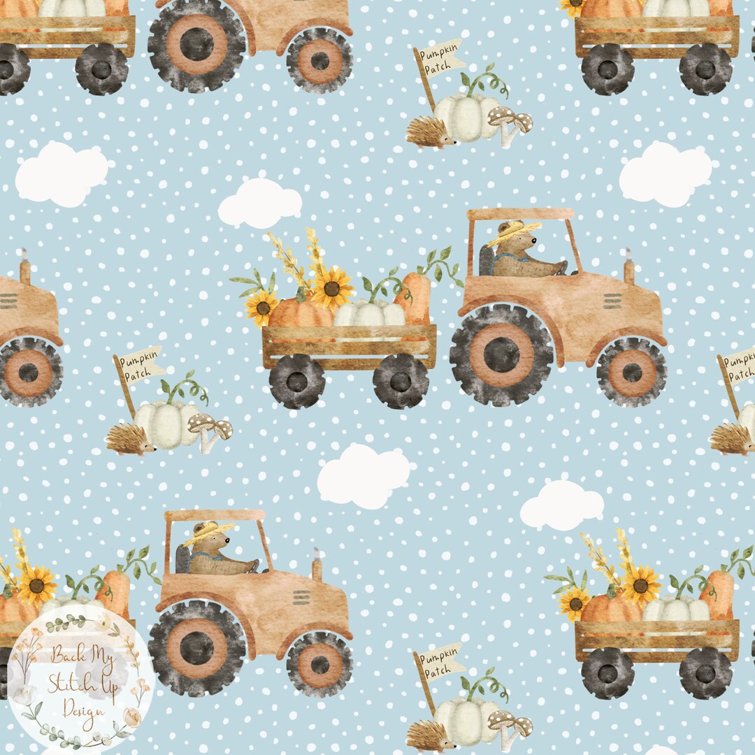 Autumn Tractor Seamless Pattern, Fall Sunflower Pumpkin Farm Fabric ...