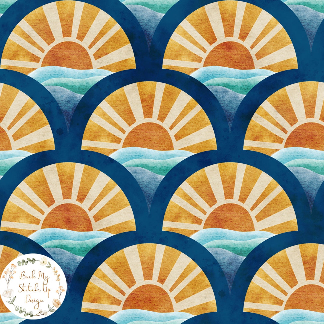 Boho Suns Seamless Pattern, Retro Suns and Ocean Seamless File, Scallop ...