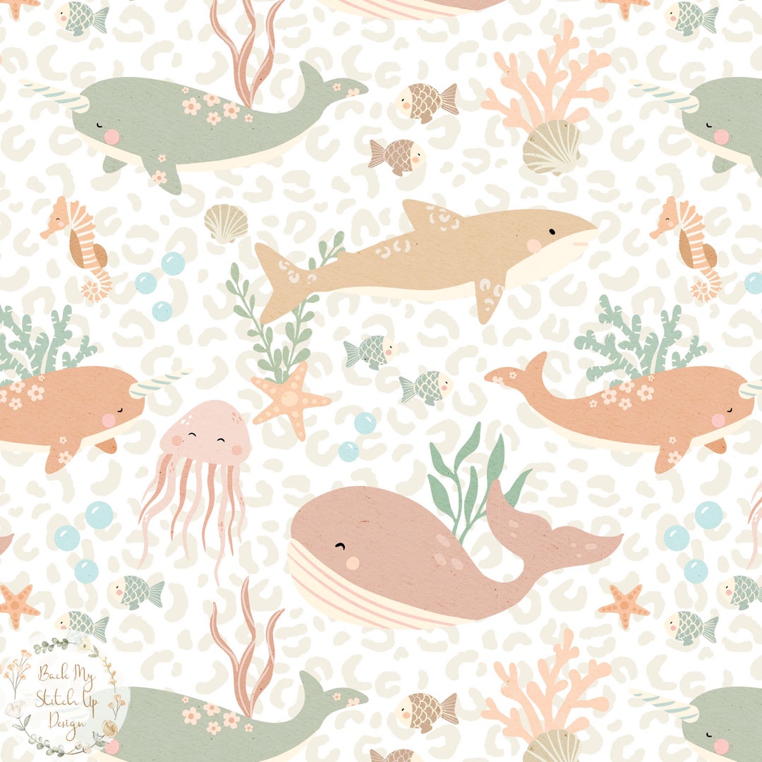 Girly Whale Seamless Pattern, Boho Sea Life Ocean Design, Narwhal ...