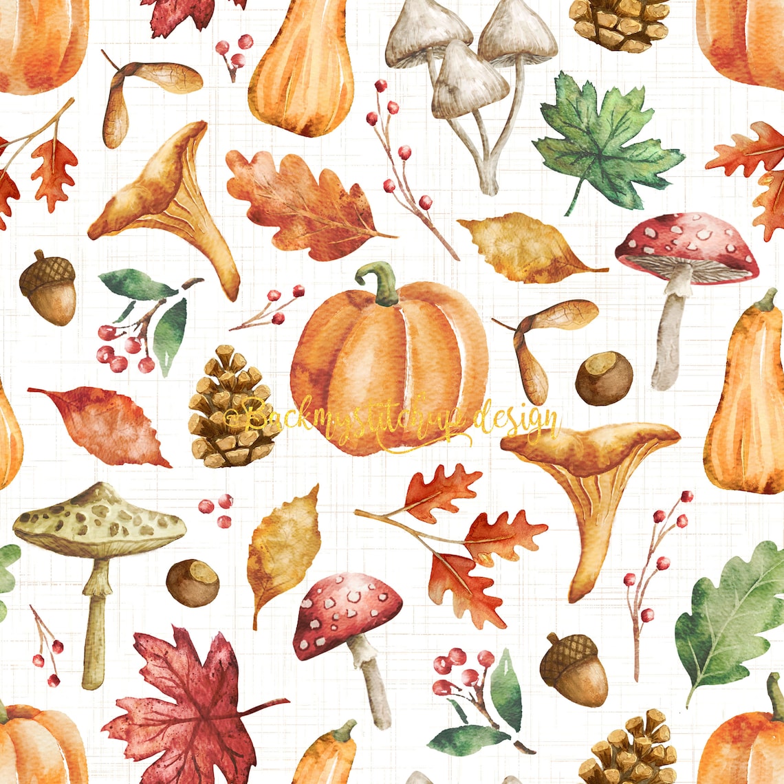 Fall Pumpkins and Mushrooms Digital Seamless Pattern, Autumn Leaves and ...