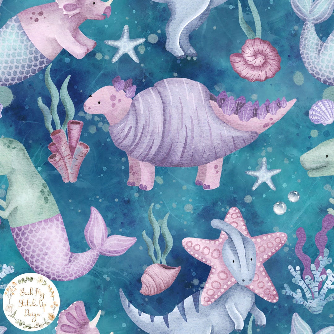 Dinosaur Mermaid Seamless Pattern, Dinomaid Fabric Design, Mermaid ...