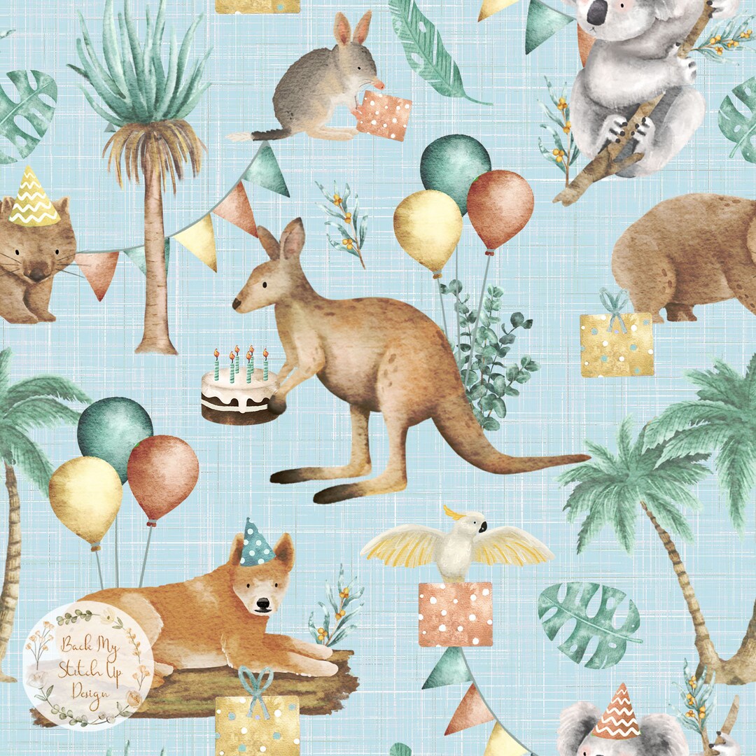 Aussie Birthday Party Fabric Design, Australian Animal Seamless Pattern ...