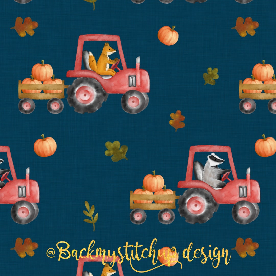 Fox & Badger Pumpkin Farm Fabric Design Navy Linen, Tractor Seamless ...