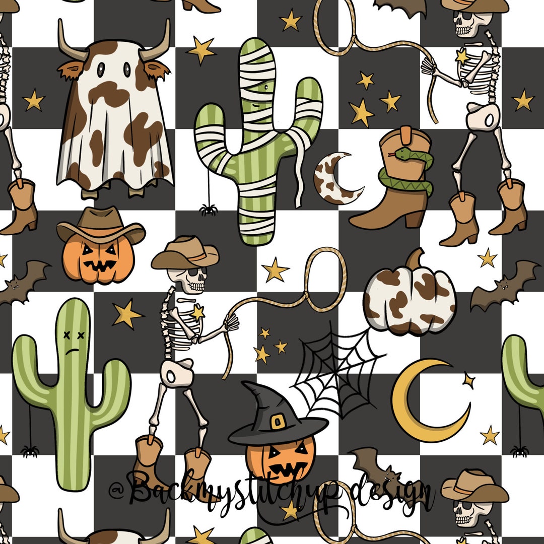 Western Halloween Seamless Pattern, Cowboy Skeleton Digital Crafting ...