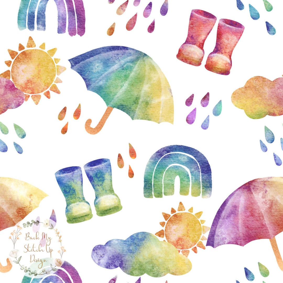 Watercolour Umbrella and Rainbow Seamless Pattern, Wellington Boots ...