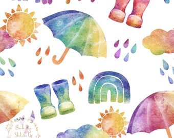 Watercolour Umbrella and Rainbow Seamless Pattern, Wellington Boots ...