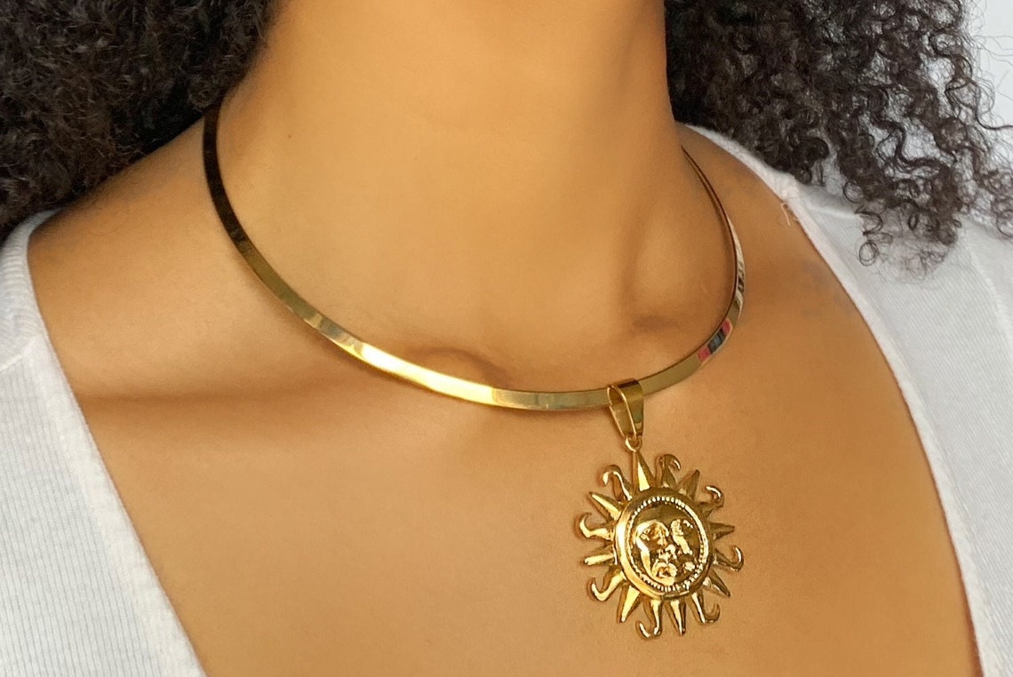 Sun Face Necklace 14k Gold Collar Necklace Sun Face Pendant - Etsy