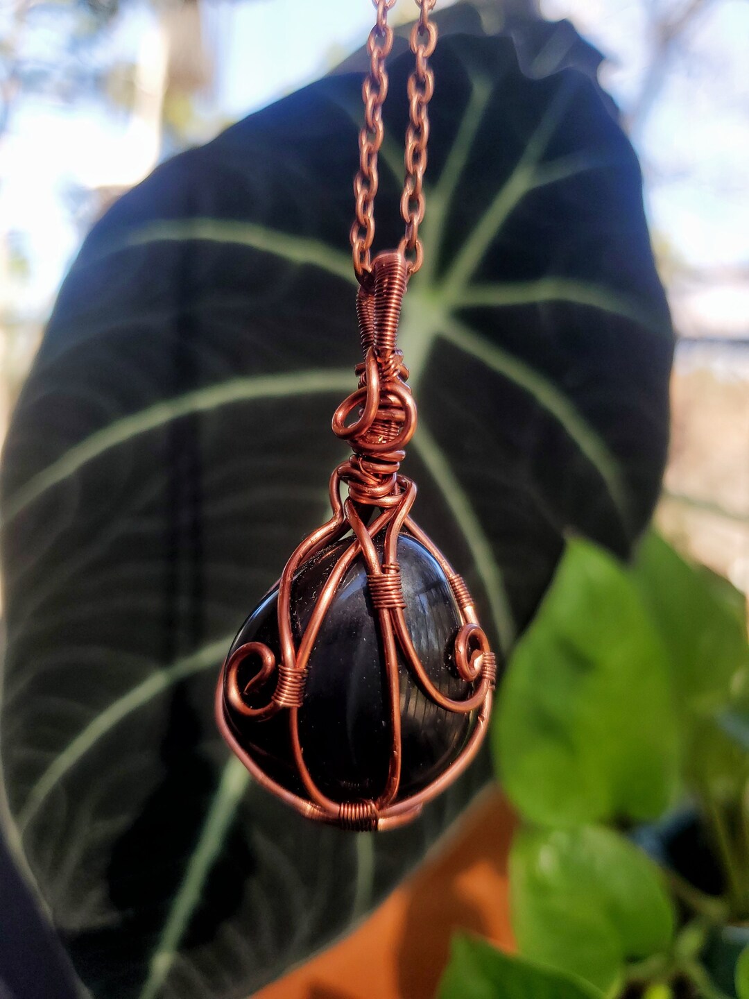 Black Obsidian Necklace | Tumbled Obsidian Necklace | Antique Copper ...