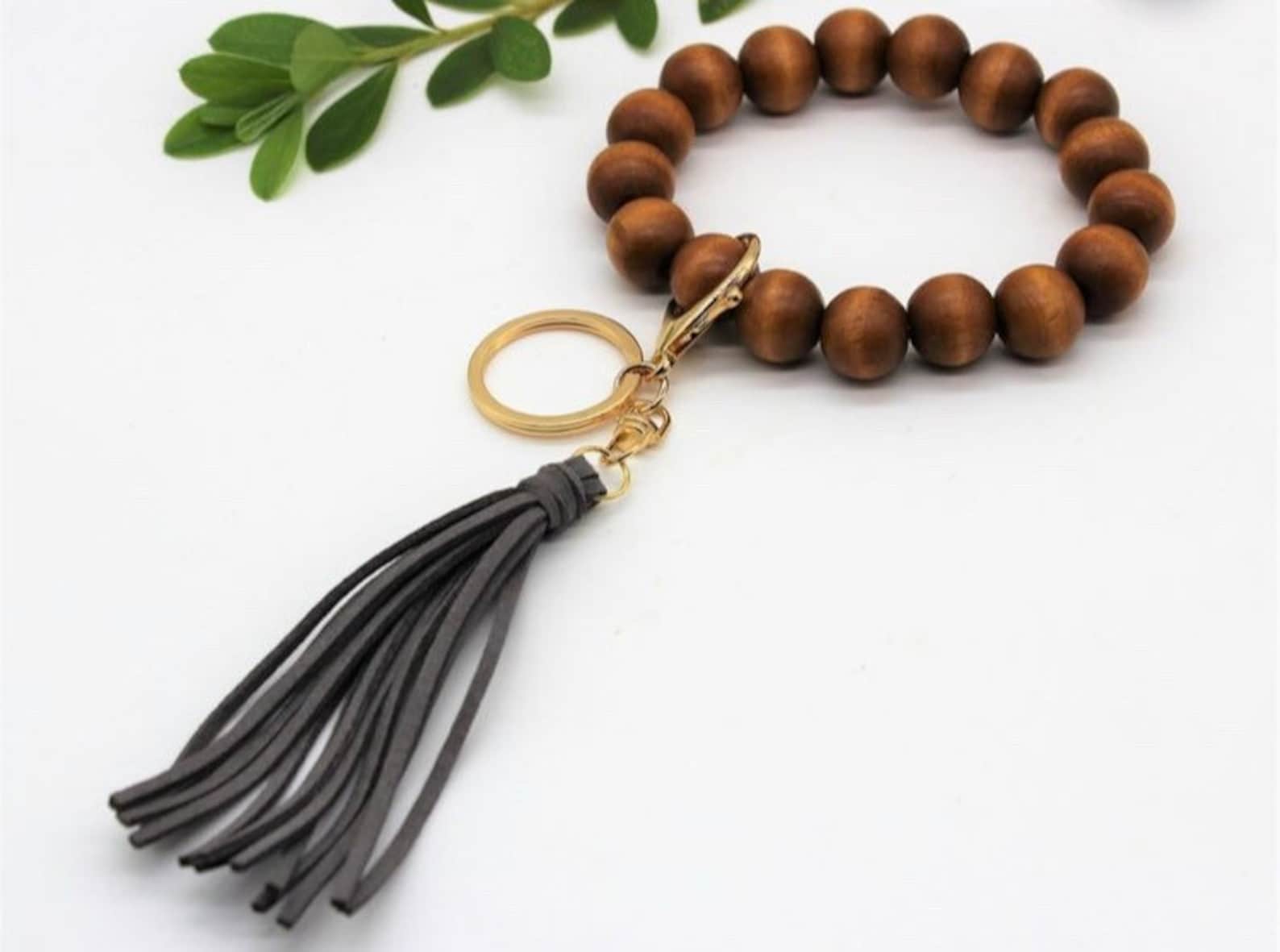 Wooden Bangle Key Chain Large Wood Beads Keychain Bracelets With Suede ...