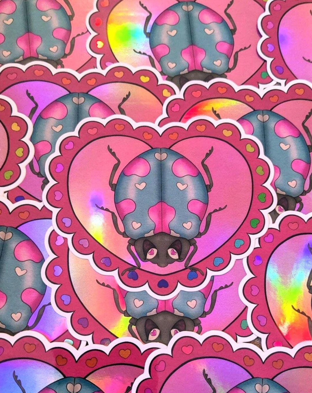 Love Bug Holographic Vinyl Sticker for Valentine's Day Rainbow Ladybug ...