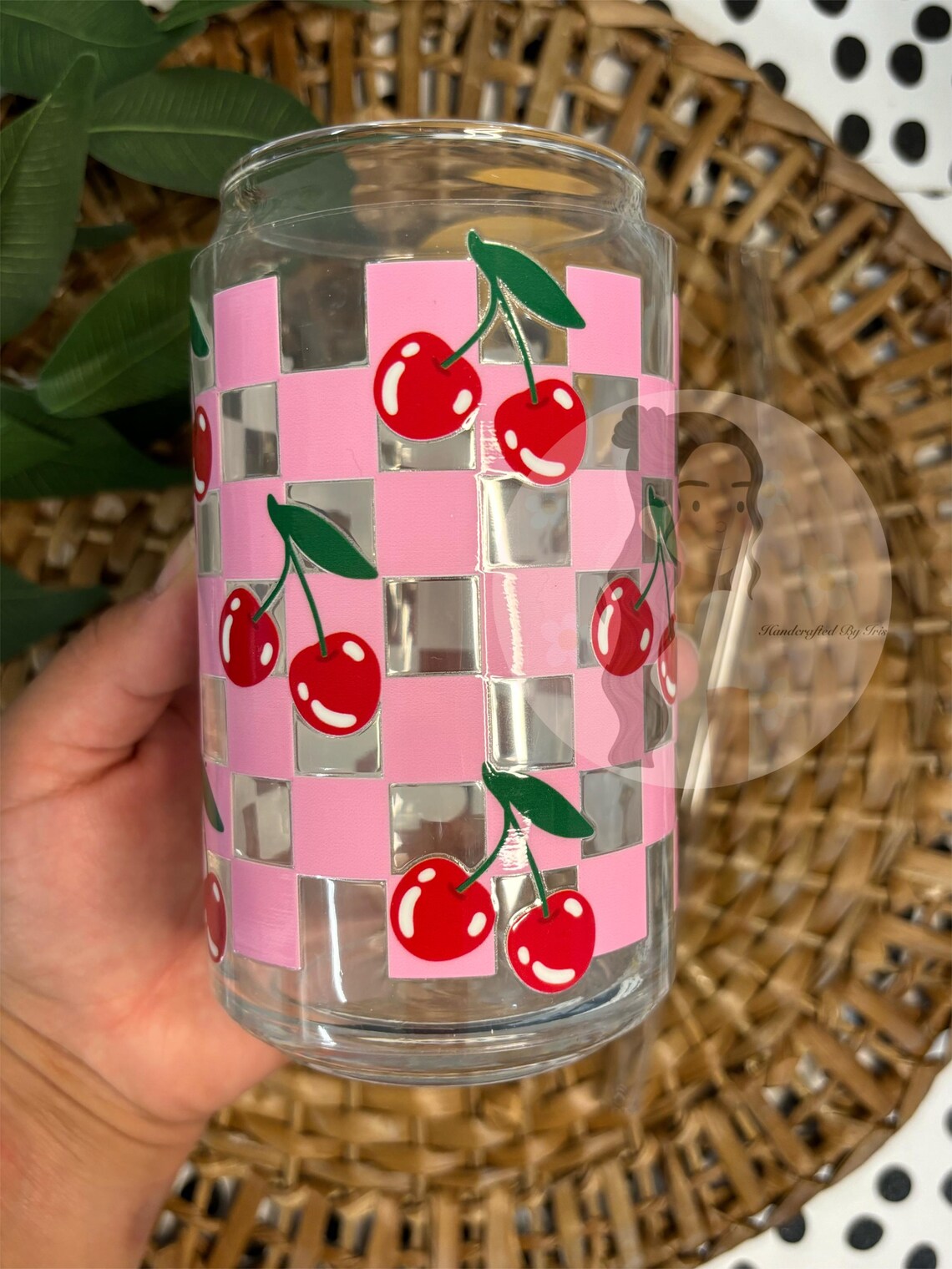 Checkered Cherries Glass Mug: Iced Coffee Cup With Bamboo Lid & Straw ...