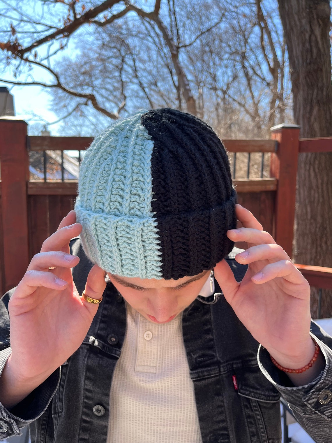 Two-toned Handmade Crochet Beanie, Split Color Beanie, Ribbed Beanie ...