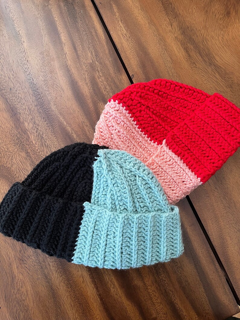 Two-toned Handmade Crochet Beanie, Split Color Beanie, Ribbed Beanie ...