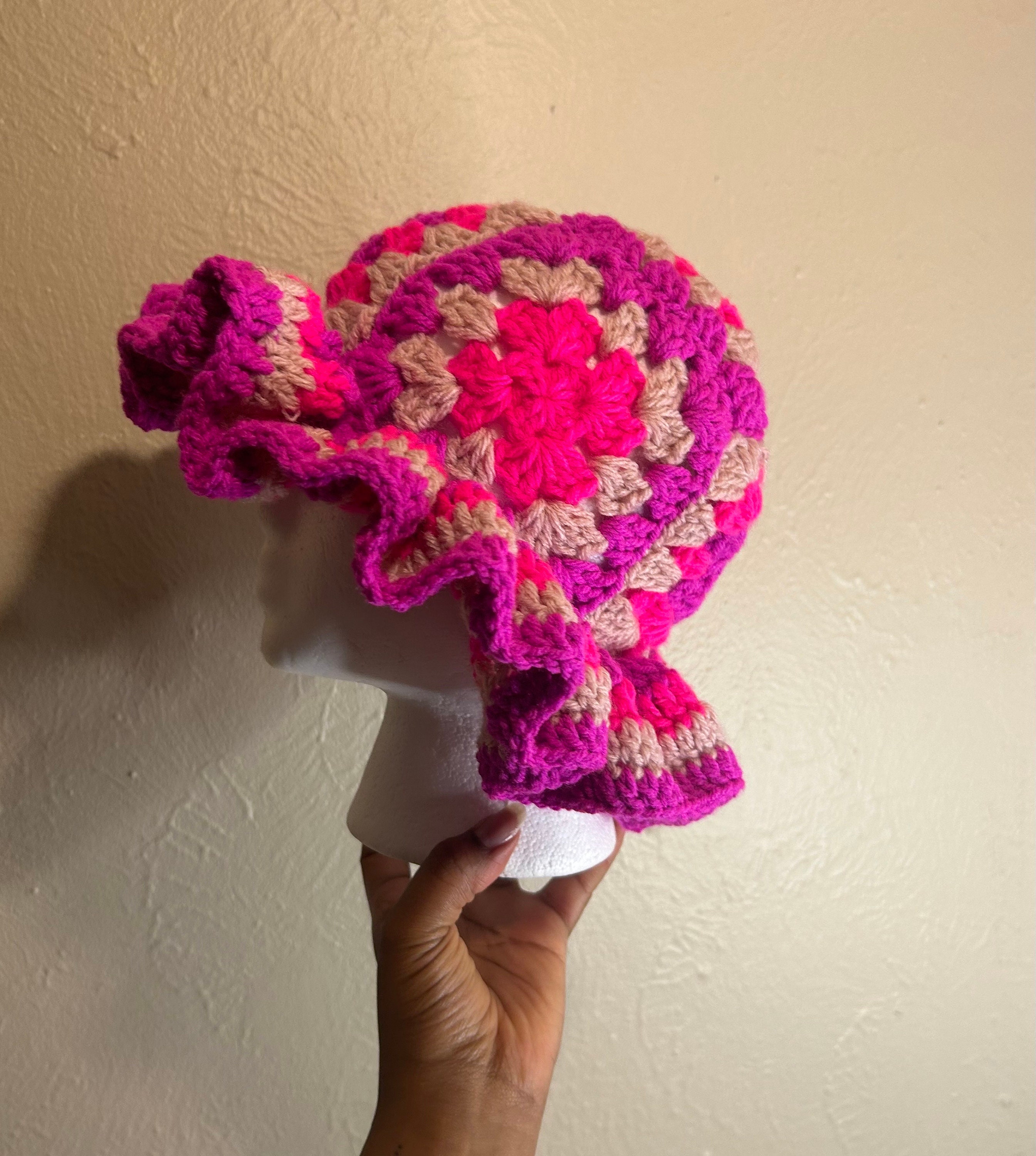 Pink Petal Granny Square Ruffle Hat | Crochet Bucket Hat | Granny ...