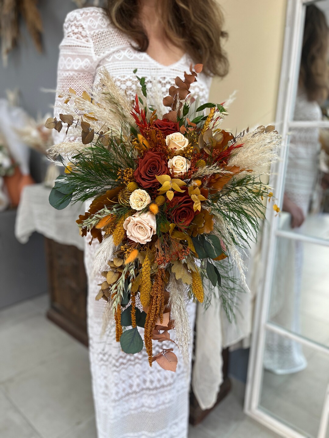 Cascade Rust Wedding Bouquet, Orange Rust Terracotta Bouquet, Boho ...