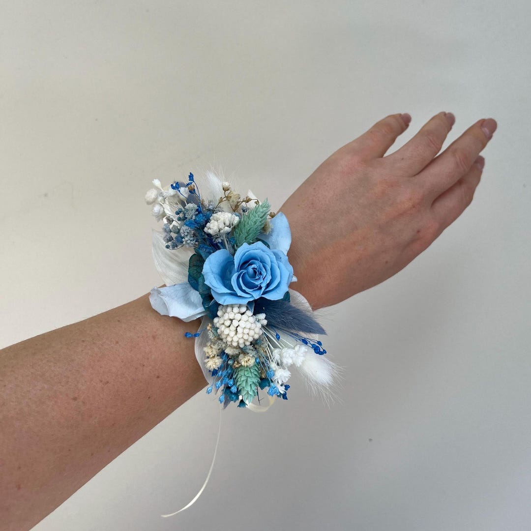 Wrist Corsage Blue Wedding Flower Wristband Bridesmaid Bracelet Flowers ...
