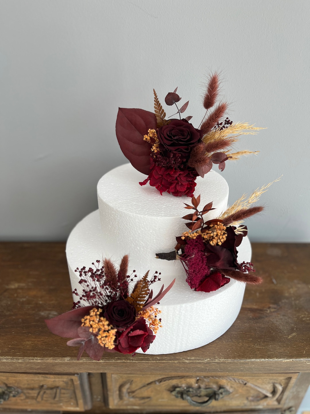 Dried Flower Cake Topper, Burgundy Roses Cake Decorations, Pampas Cake ...