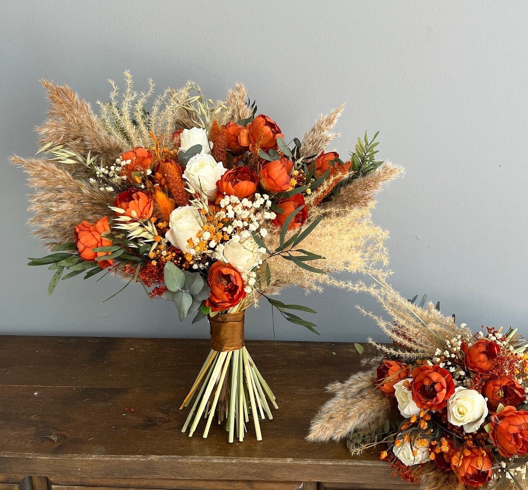Orange Silk Flower Bouquet, Rustic Boho Wedding Flowers - Etsy