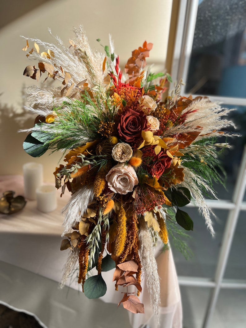 Cascade Rust Wedding Bouquet, Orange Rust Terracotta Bouquet, Boho ...