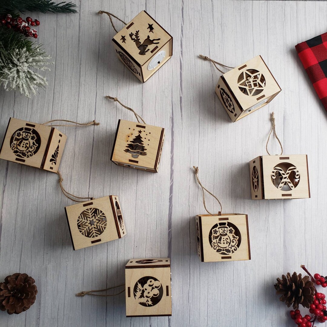 Tea Light Ornament, Wooden LED Ornament Lantern Box, Laser Engraved ...