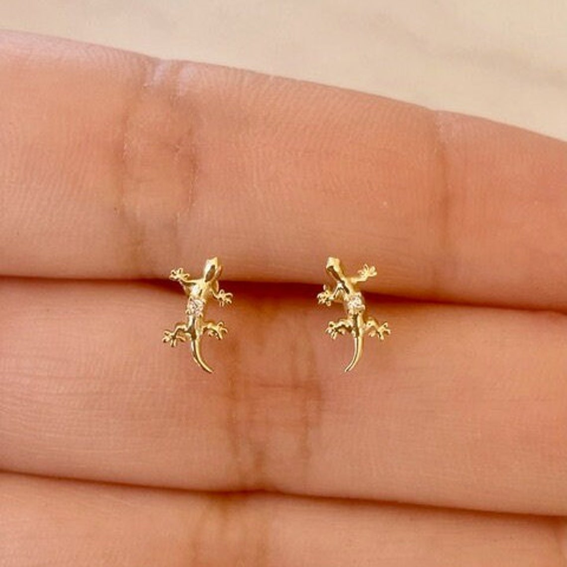 14k Solid Golden Minimalist Lizard Earrings Delicate Stud Screw Back ...