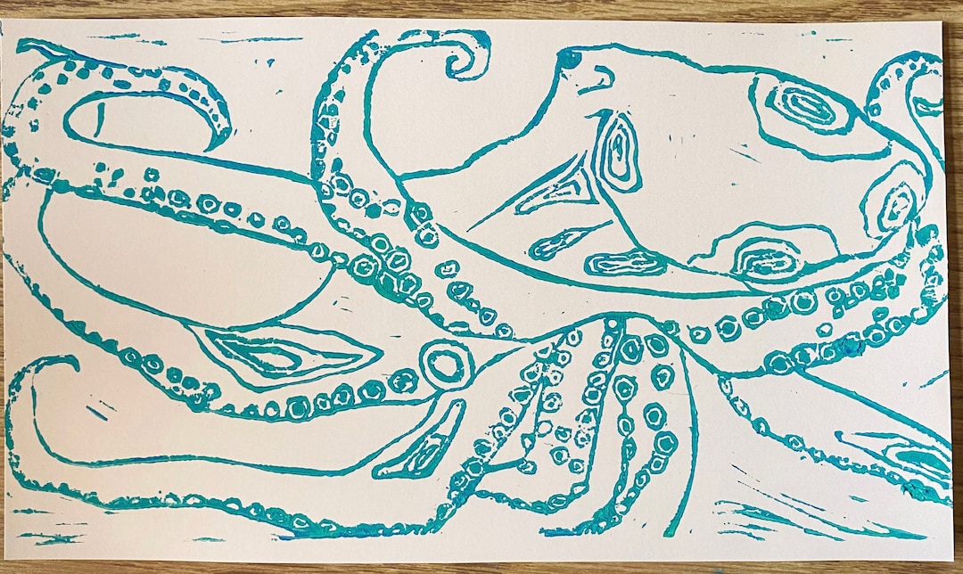 Octopus Linocut Handmade Print Orange/green/blue/white Wall Decor Art ...